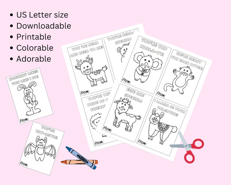 Cute Critter Valentines Coloring Cards Set of 24 Instant Download ...