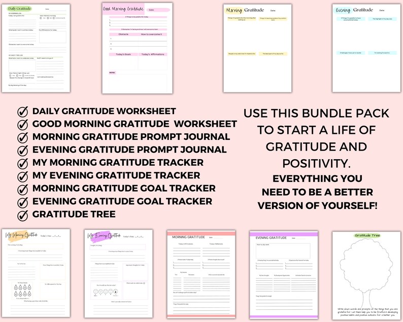 Gratitude Journal Digital Bundle, Mindfulness Tracker, Gratitude Tree ...
