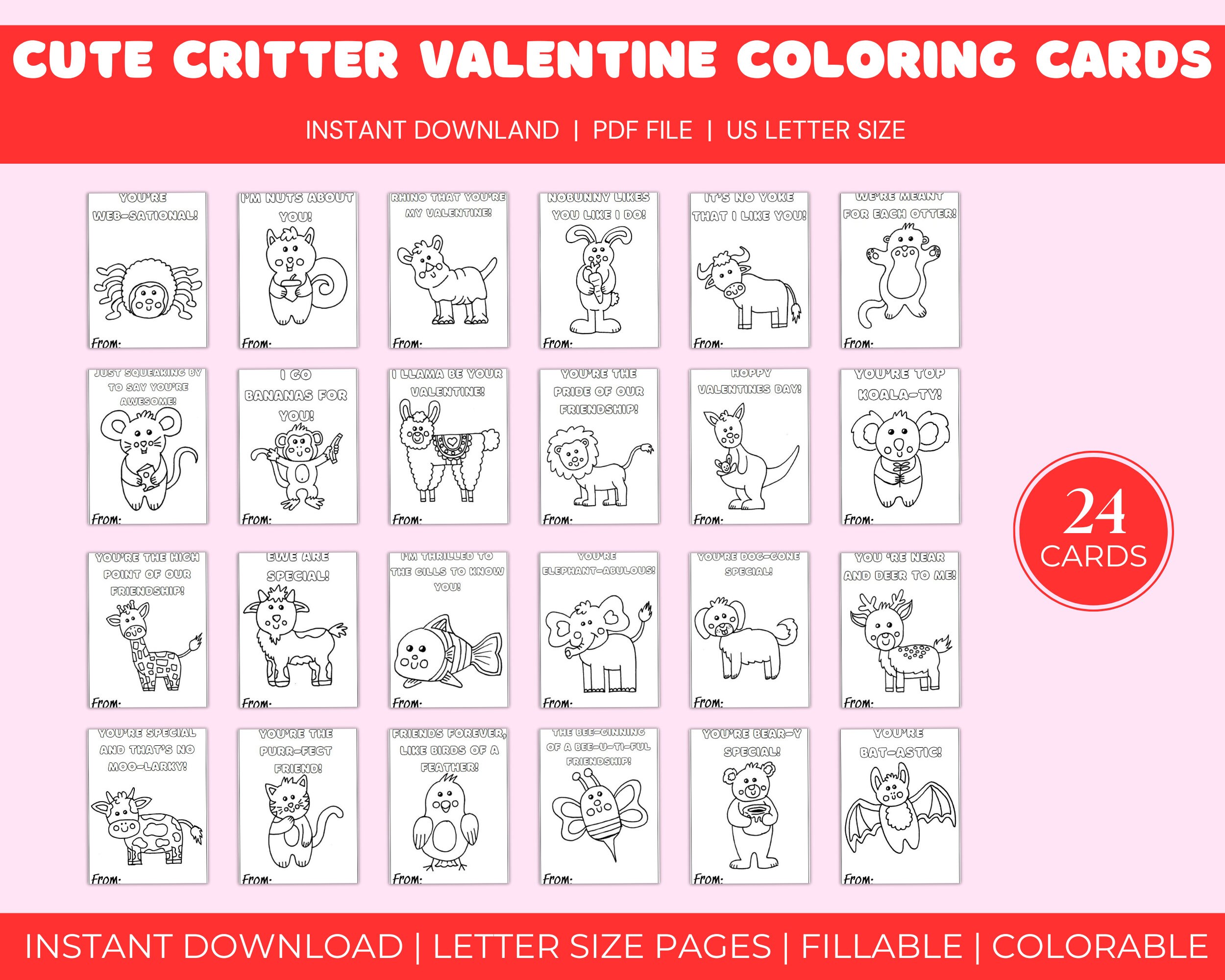 Cute Critter Valentines Coloring Cards Set of 24 Instant Download ...