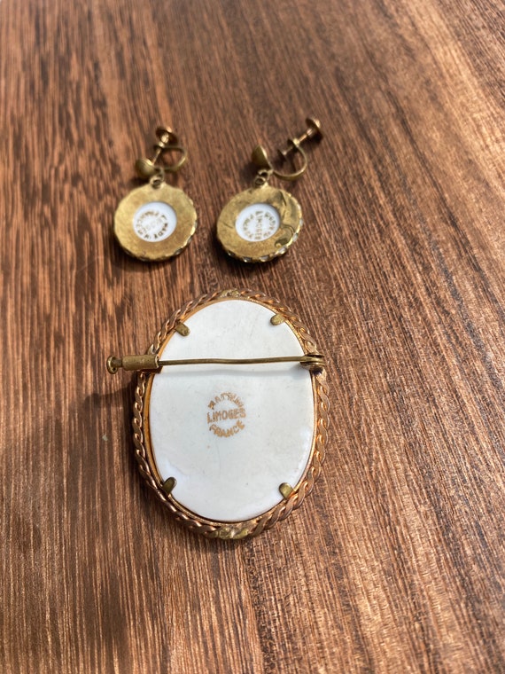 Antique Limoges hand painted lady portrait brooch & e… - Gem