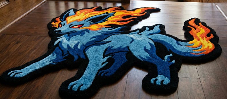 Buy Tufted Flame Wolf Rug, Anime Inspired Punch Needle Carpet, Gaming ...
