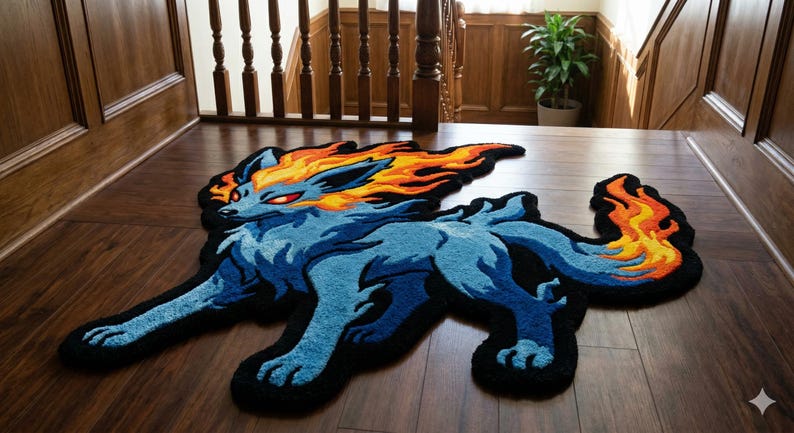 Buy Tufted Flame Wolf Rug, Anime Inspired Punch Needle Carpet, Gaming ...