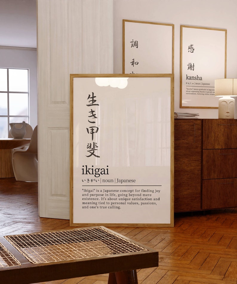 Ikigai Japanese Poster Set of 3, Ikigai, Kansha, and Chouwa Definition ...