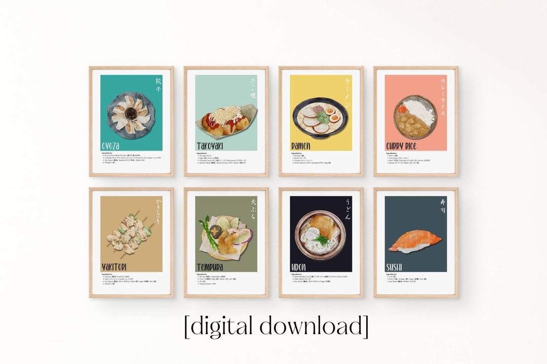 Japanese Food Poster, Set of 10, Ramen, Udon, Sushi, Takoyaki, Curry ...