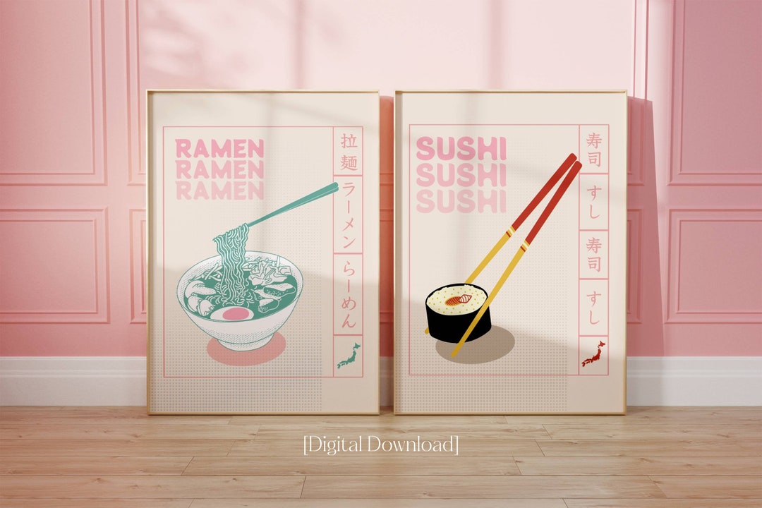 Japanese Ramen and Sushi Poster Set, Japanese Digital Art, Asian Food ...