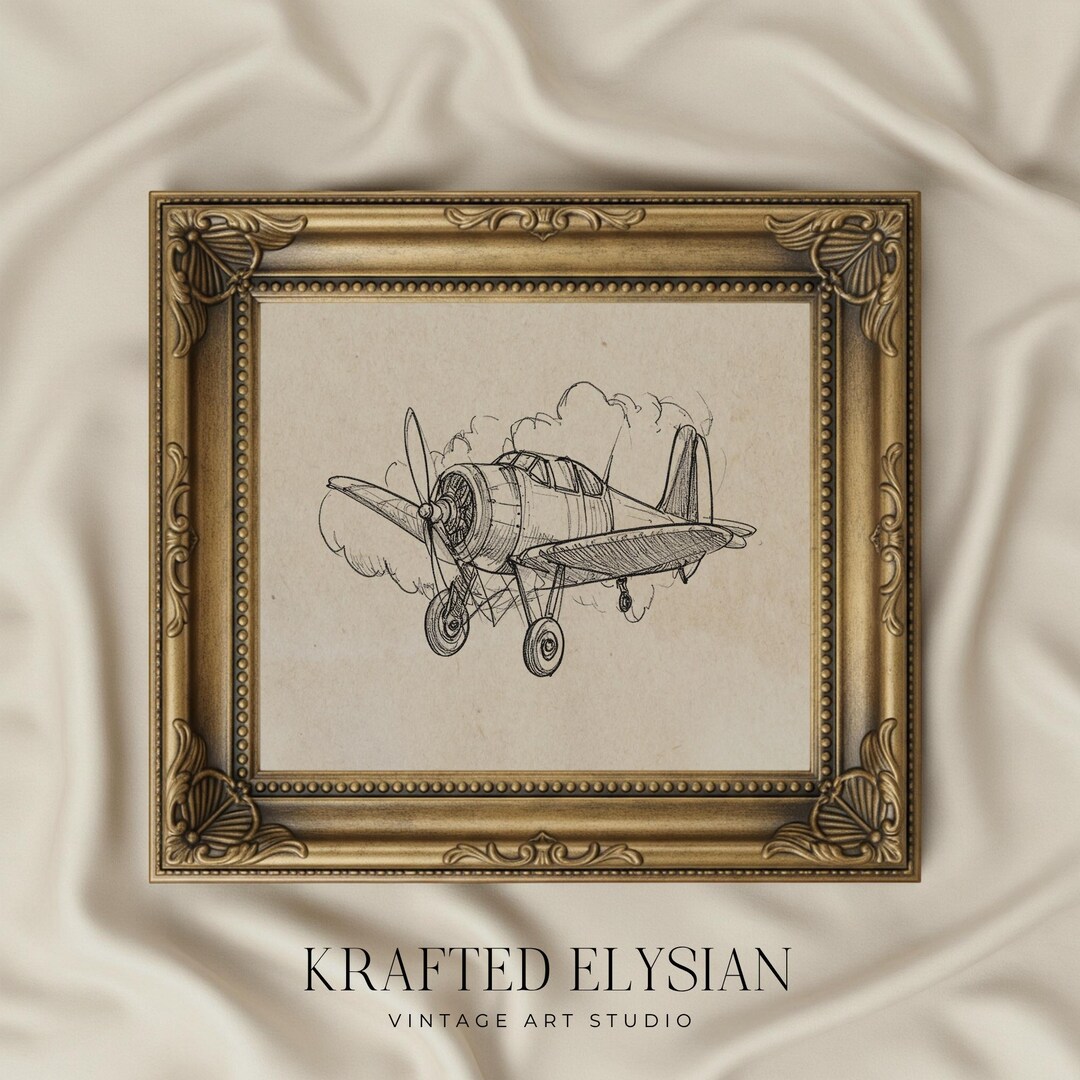 Classic Aircraft Line Drawing, Vintage Prop Plane Ink Illustration ...