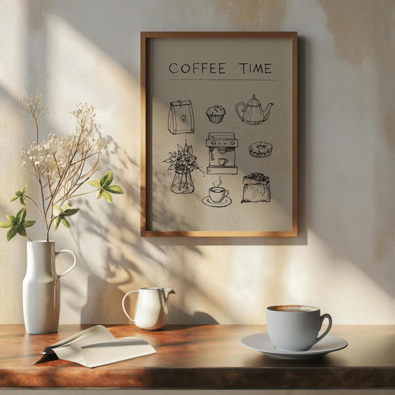 Cozy Coffee Corner Line Art Print, Vintage Ink Sketch Kitchen Decor ...