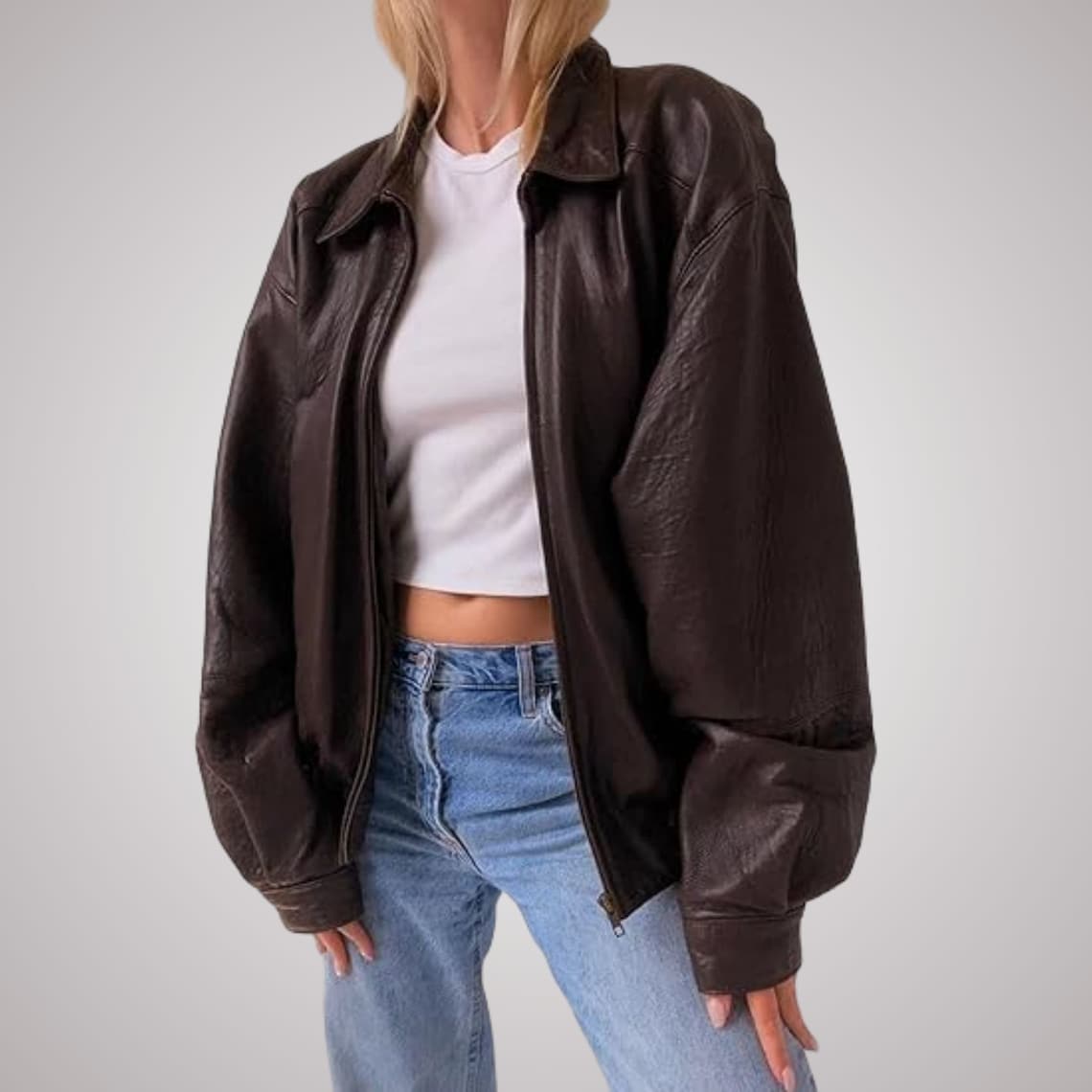 Oversized Brown Leather Bomber Jacket 90s Vintage Distressed Bomber ...