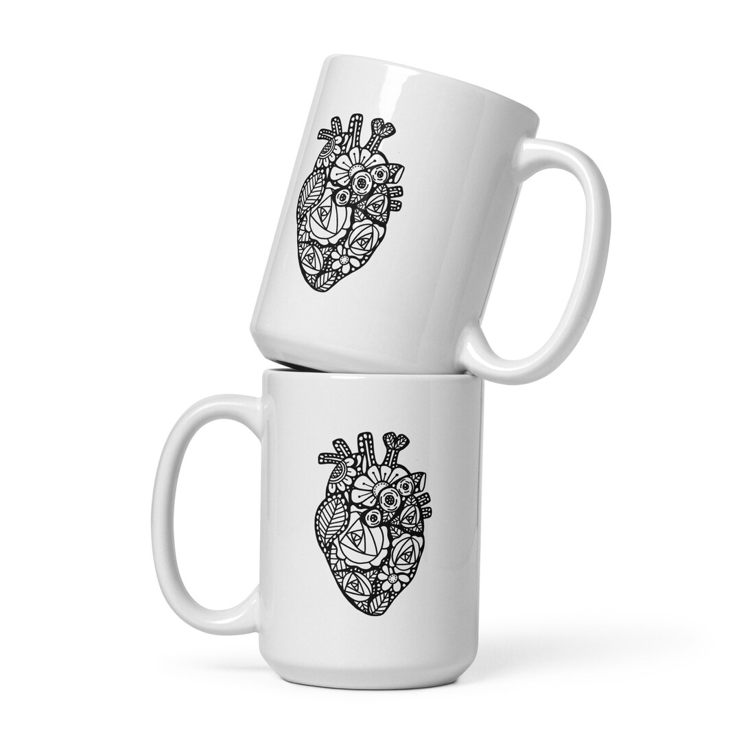 Floral Heart Anatomy Mug | Hand-drawn | Ceramic White Coffee Mug ...