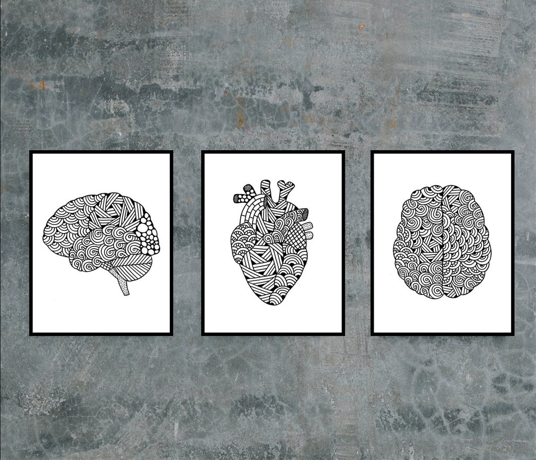 Therapy Office | Gallery Wall | Brain and Heart Hand-drawn Zentangle ...