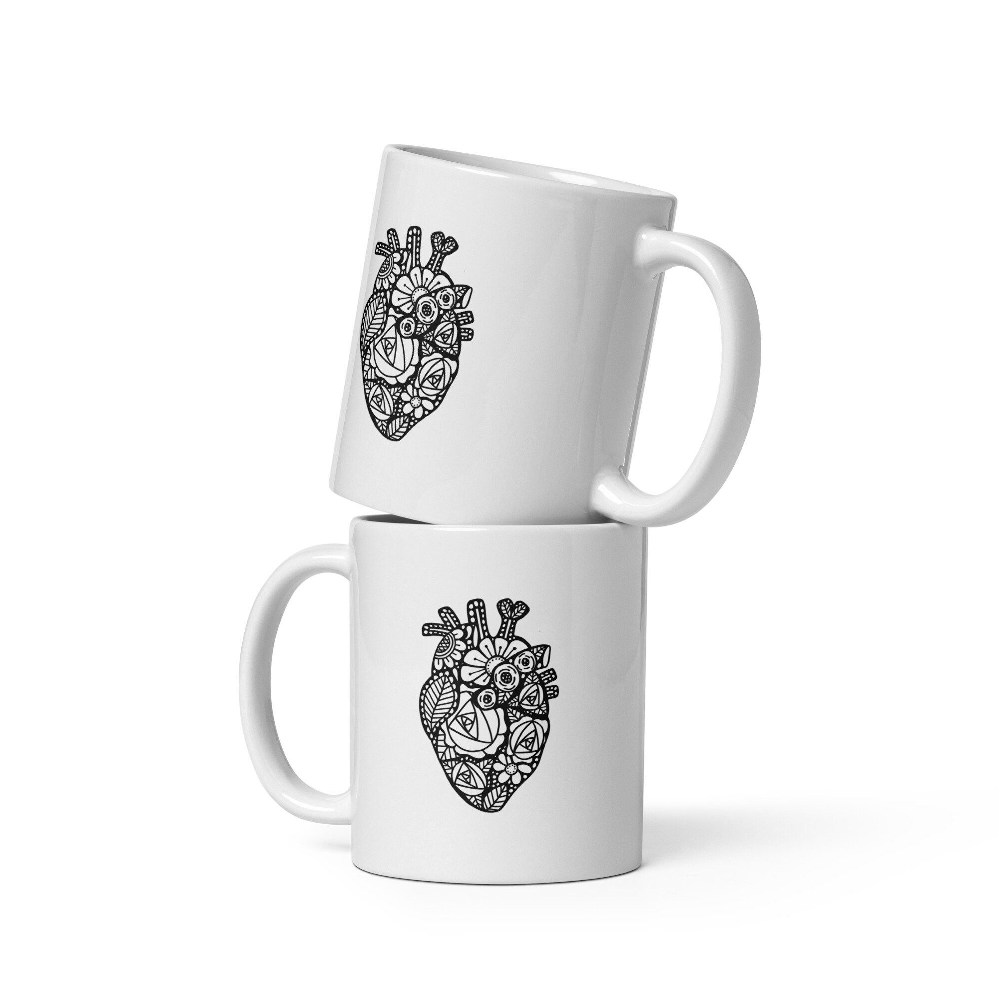 Floral Heart Anatomy Mug | Hand-drawn | Ceramic White Coffee Mug ...