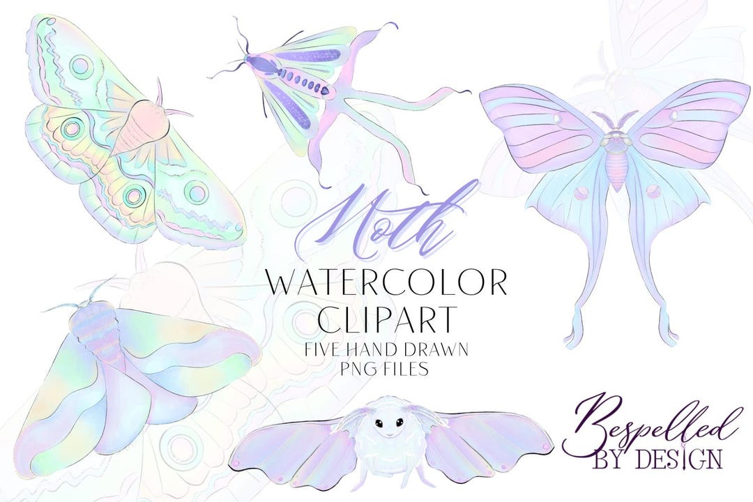 Hand Drawn Watercolor Digital Clipart Pastel Moths: Luna Moth, Maple ...