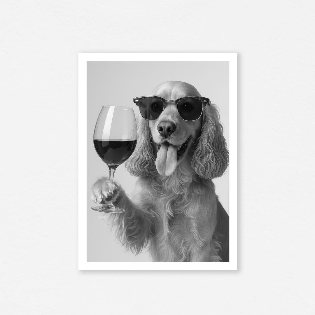 Funny Cocker Spaniel Wine Art Print, Retro Bar Cart Decor (digital ...