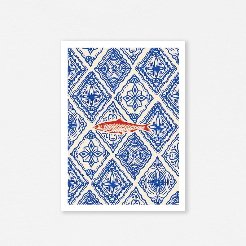 Retro Sardine Tin Art Print, Blue Tile Kitchen Decor (digital Download ...