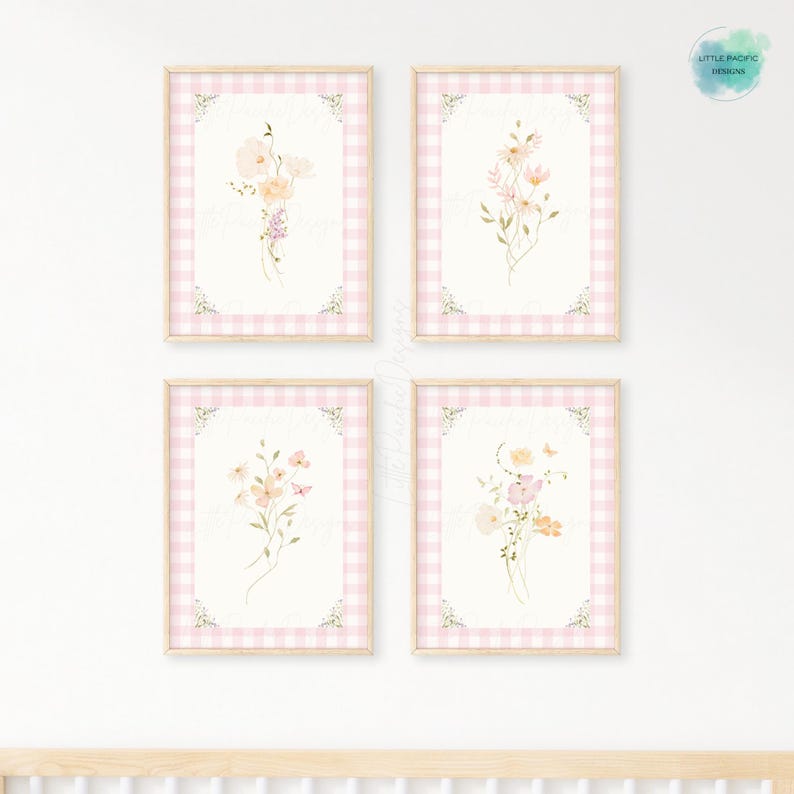 Vintage Floral Nursery Print Set: Pink Flower Decor (digital Download ...