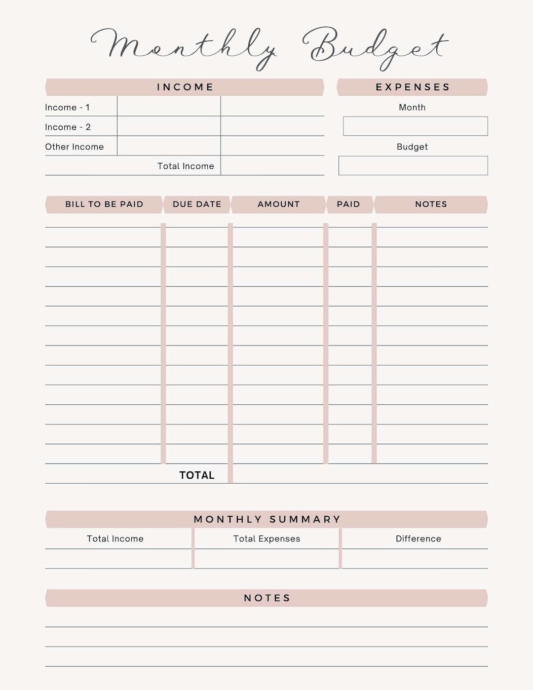 Monthly Budget Template - PDF - Printable Download - Etsy