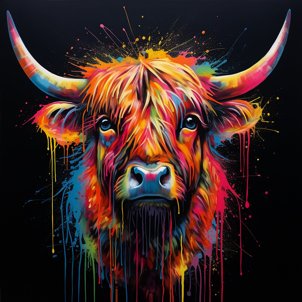 Neon Highland Cow Digital Print - Etsy
