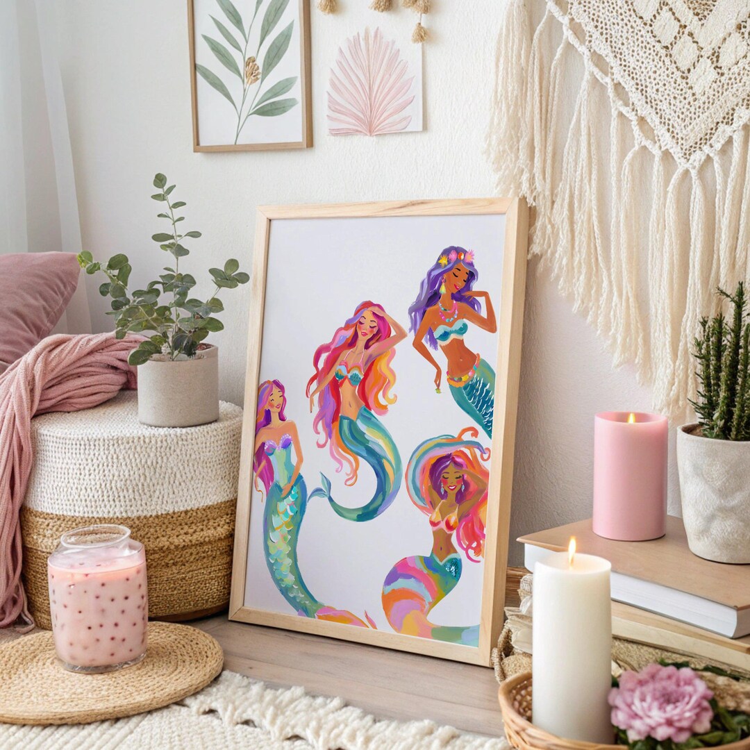 Mermaids Painting Colorful Pastel Abstract Coastal Beach House Wall Art ...