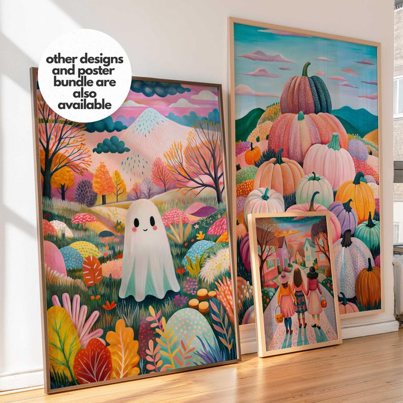 Cute Ghost Wall Art Pink Halloween Digital Prints Pastel Halloween Wall ...