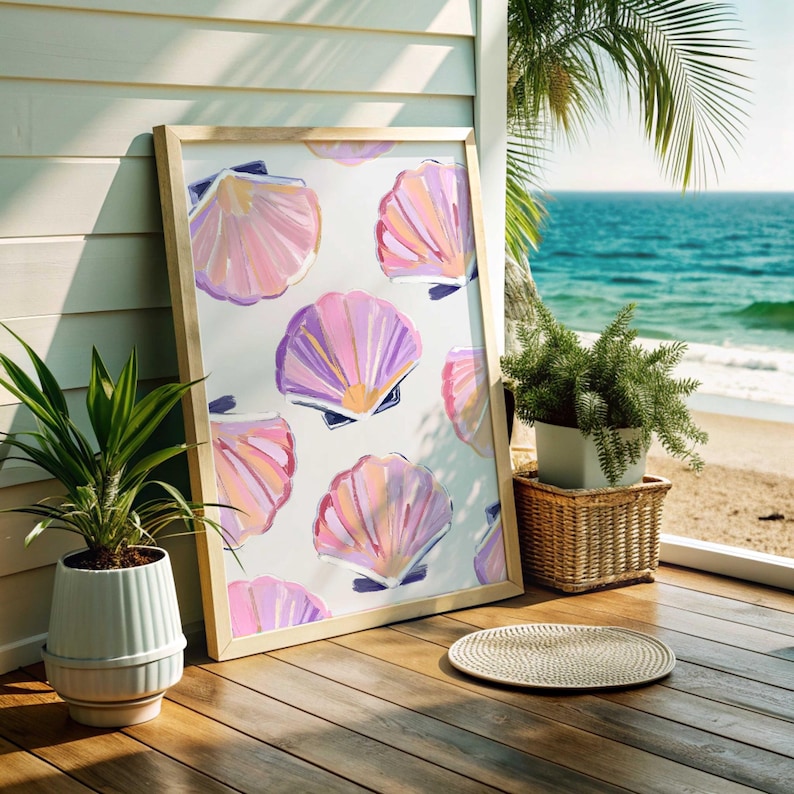 Pink Shell Painting Colorful Pastel Abstract Coastal Beach House Wall ...