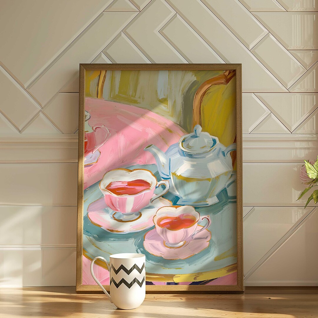 Grand Millenial Art Pastel Teapot and Teacup Wall Art Digital Printable ...