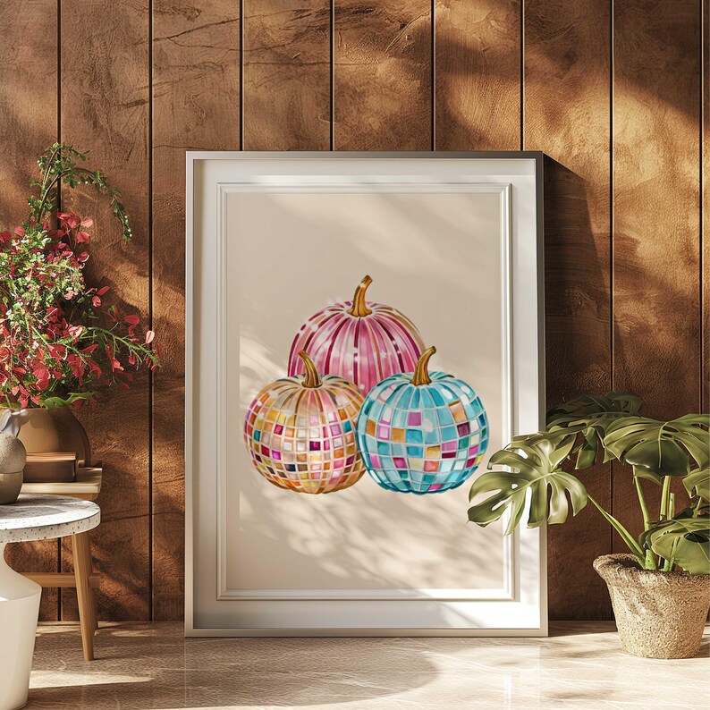 Disco Ball Pumpkin Watercolor Art Print: Retro Fall Decor (digital ...