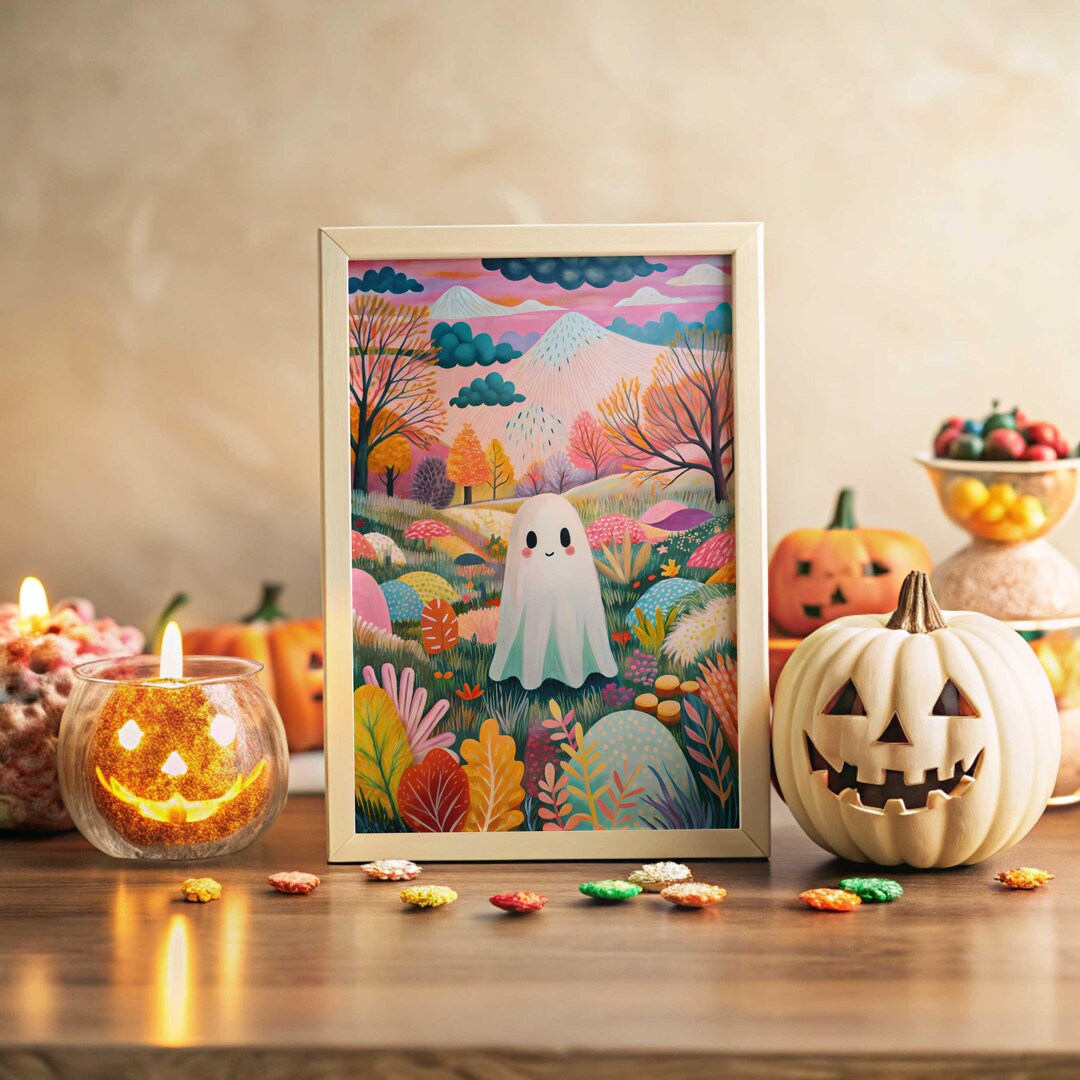 Cute Ghost Wall Art Pink Halloween Digital Prints Pastel Halloween Wall ...