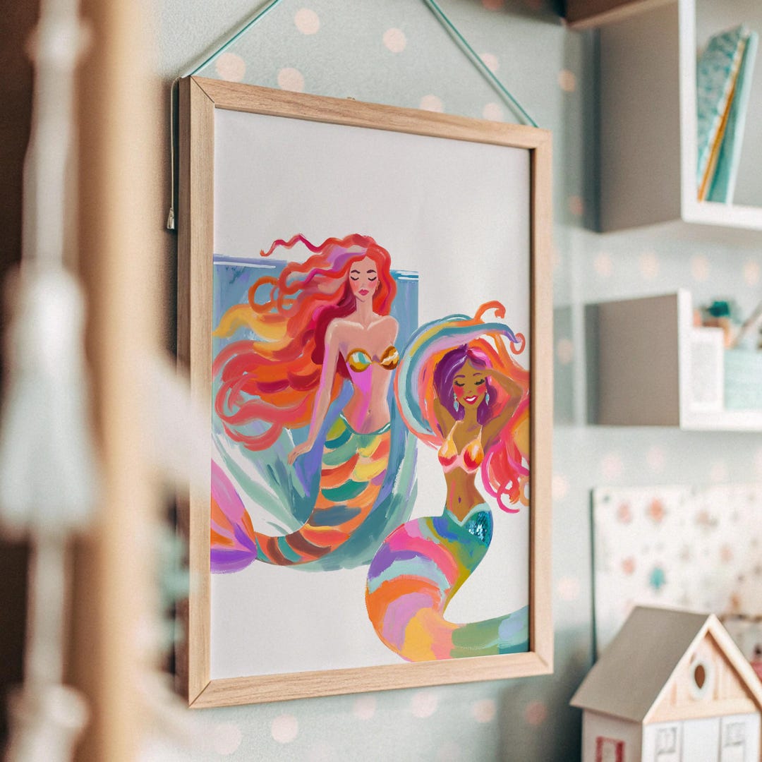 Mermaids Painting Colorful Pastel Abstract Coastal Beach House Wall Art ...