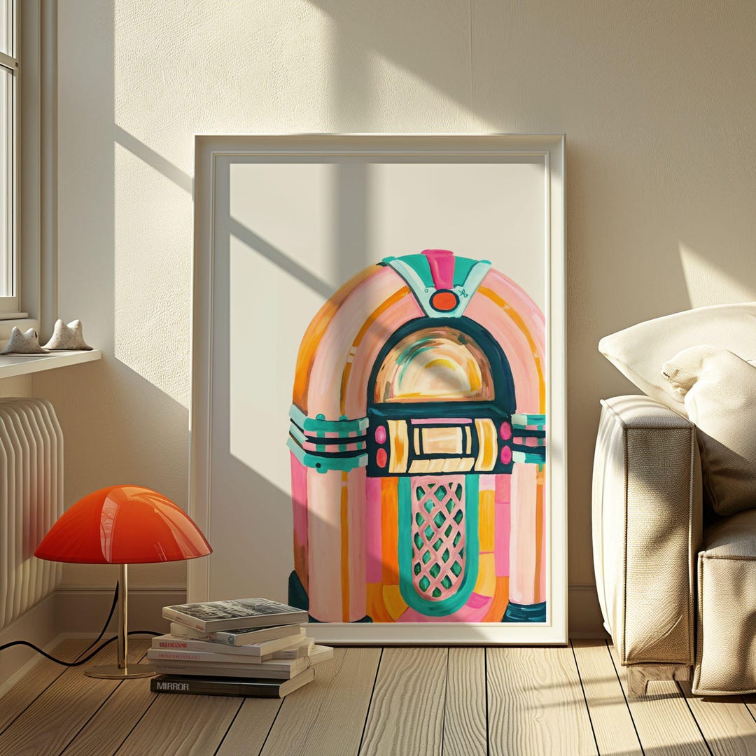Jukebox Decor Poster Watercolor Eclectic Home Decor Aesthetic Pink Wall Print Retro Music Poster ...