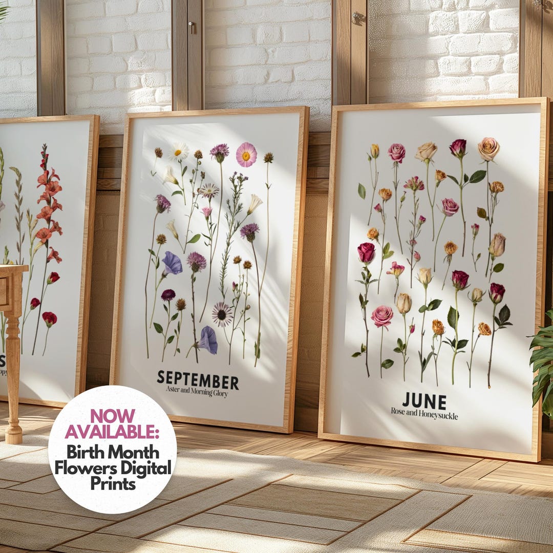 Birth Month Flower Wall Art Pressed Flower Digital Art Prints Botanical ...