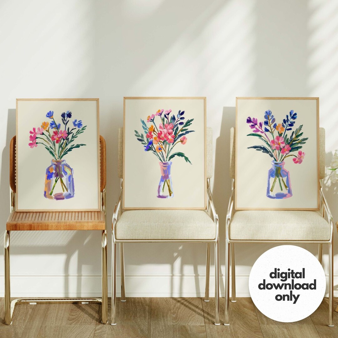 Set of 3 Wildflower Vases Watercolor Prints Bright and Vibrant Floral ...
