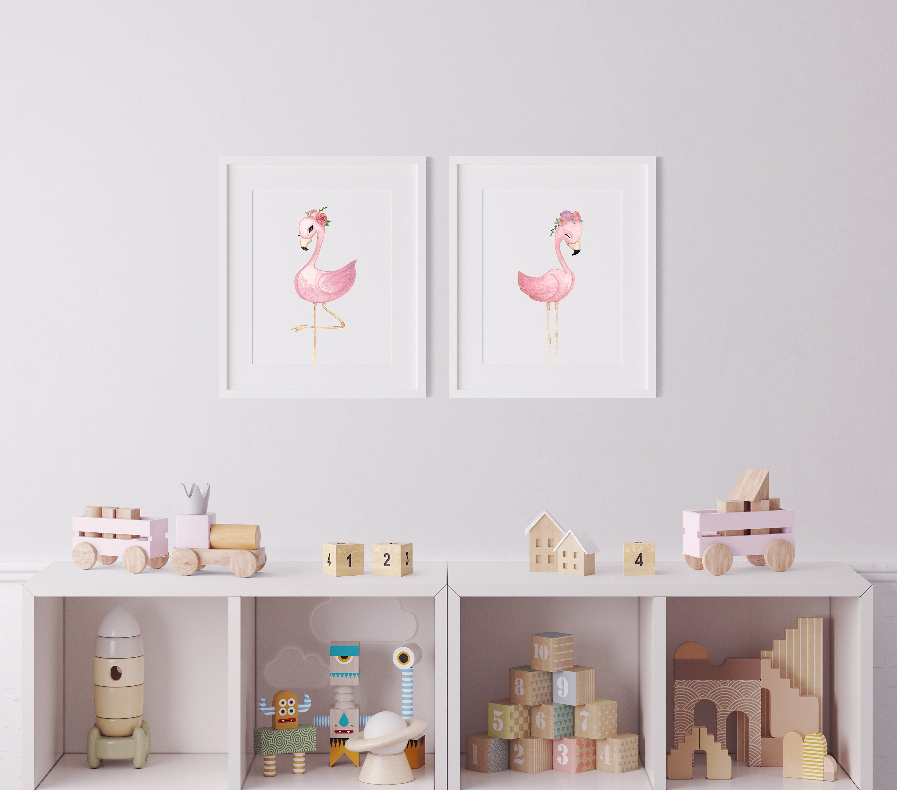 Set of 3 Baby Girl Nursery Prints, Flamingo Watercolor Wall Art, Floral ...