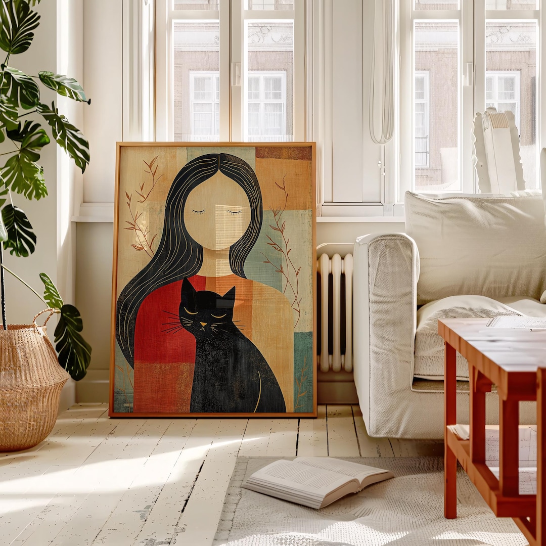 Faceless Woman With Black Cat Print, Minimalist Boho Wall Art (digital ...