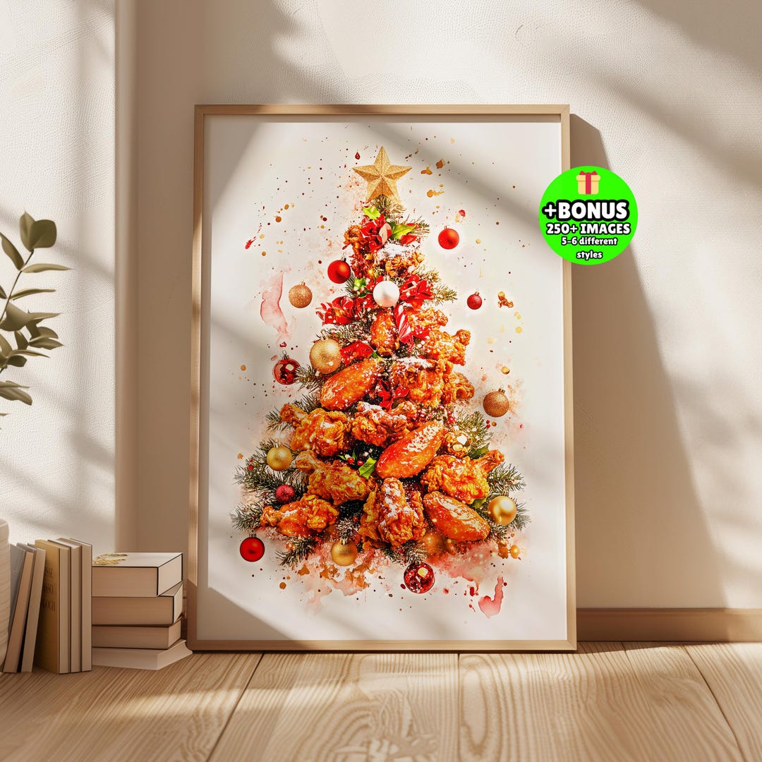 Fried Chicken Christmas Tree Art, Whimsical Foodie Holiday Decor ...