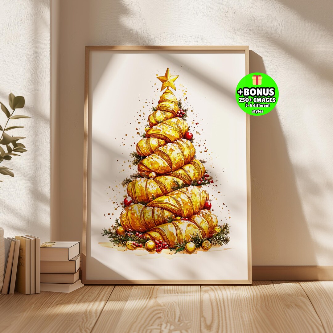 Croissant Christmas Tree Watercolor Art Print, Holiday Pastry Wall ...