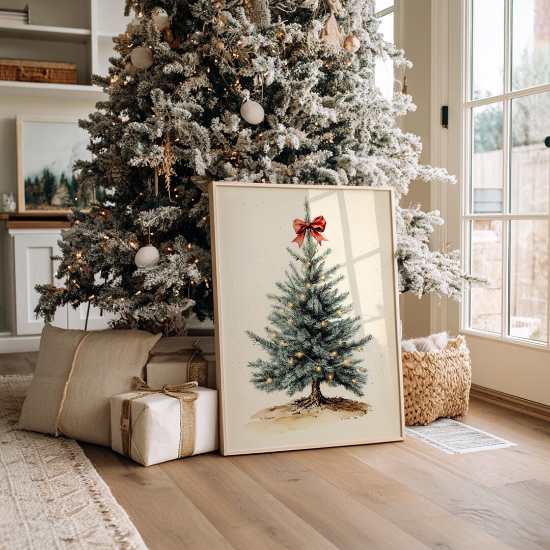 Watercolor Christmas Tree Print, Red Bow, Holiday Wall Art (digital ...