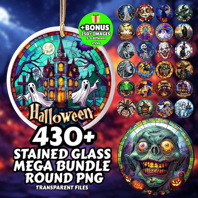 430+ Halloween Stained Glass Mega Bundle, Round Ornament Pngs, Ghost ...