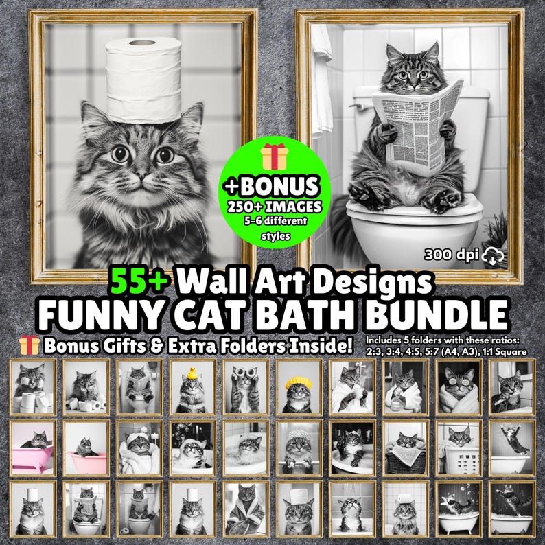55+ Funny Cat Bathroom Art Prints, Kitty Wall Art Bundle (digital ...