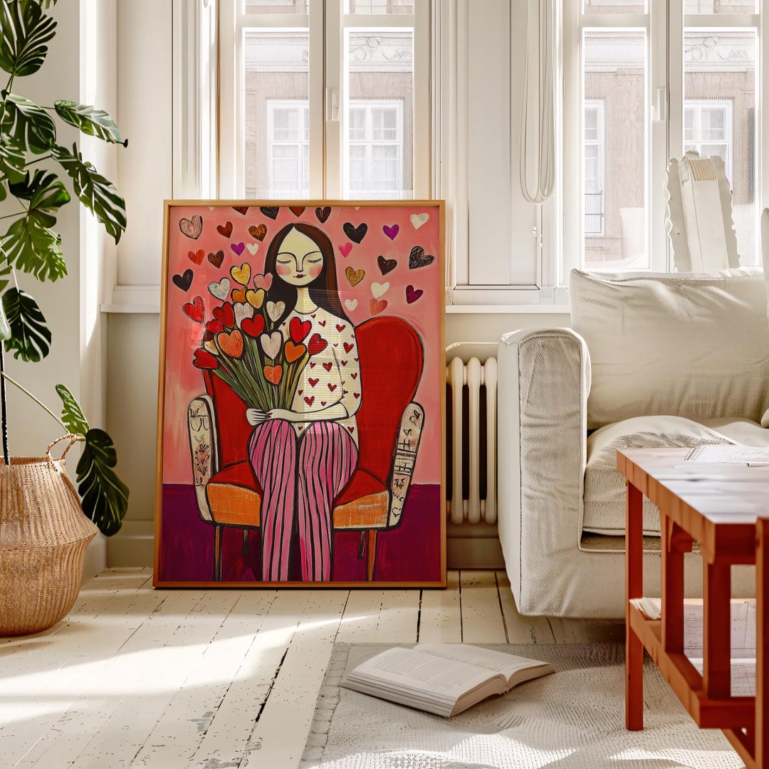 Abstract Woman Heart Bouquet Print, Whimsical Folk Art (digital ...