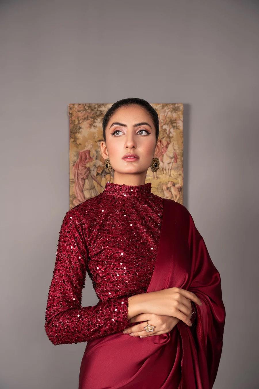 Moonlight Saree, Pakistani Indian Pure Silk Saree, Band Collar Neck ...