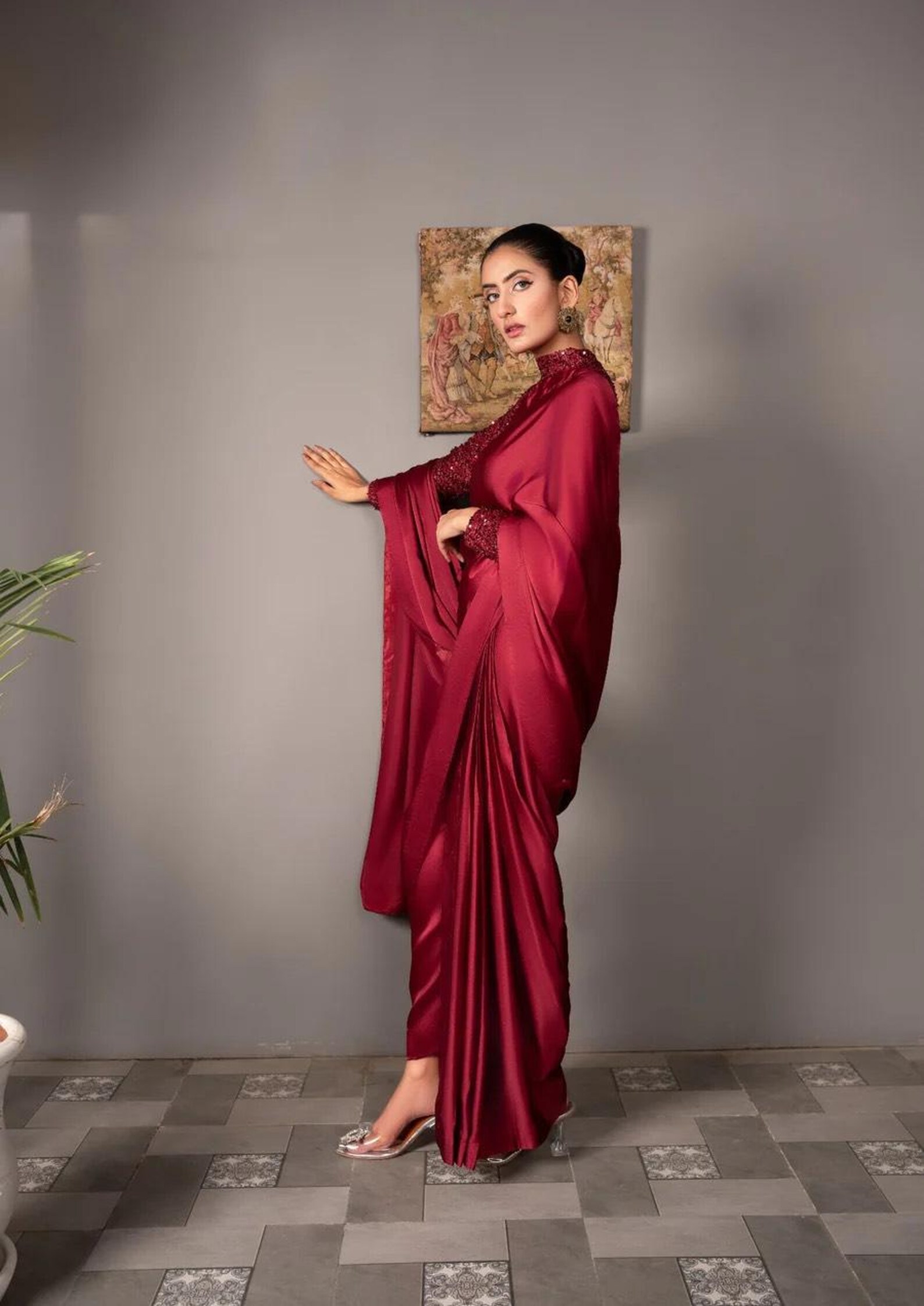 Moonlight Saree, Pakistani Indian Pure Silk Saree, Band Collar Neck ...