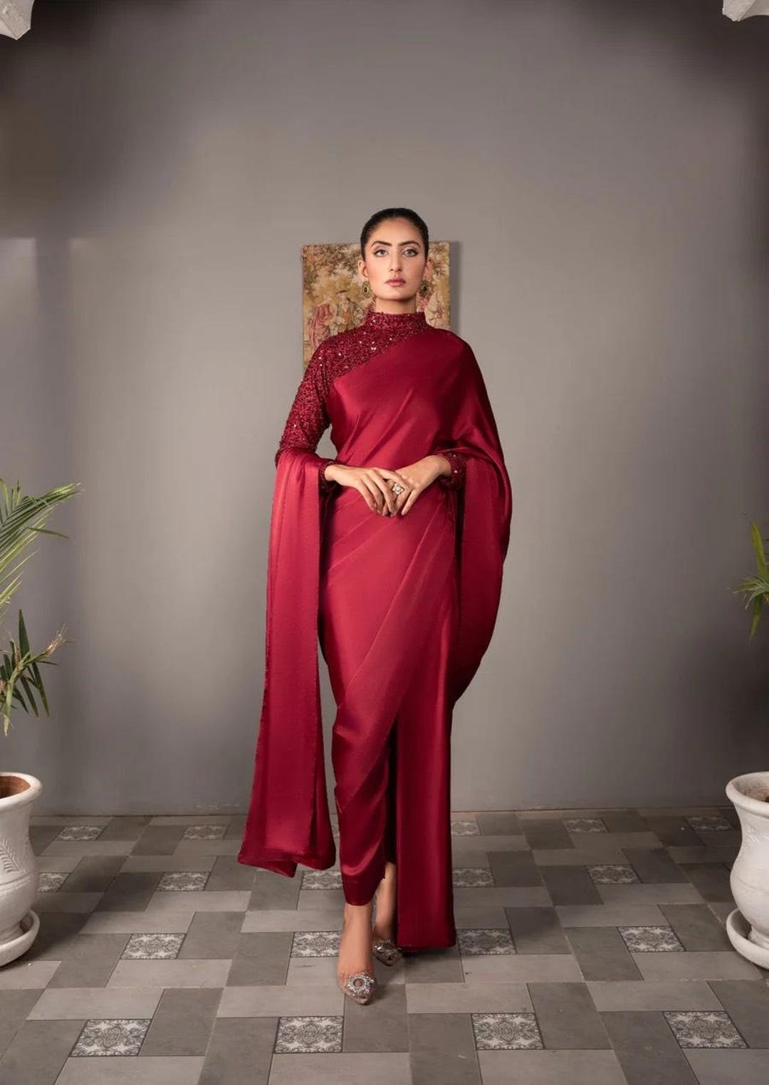 Moonlight Saree, Pakistani Indian Pure Silk Saree, Band Collar Neck ...