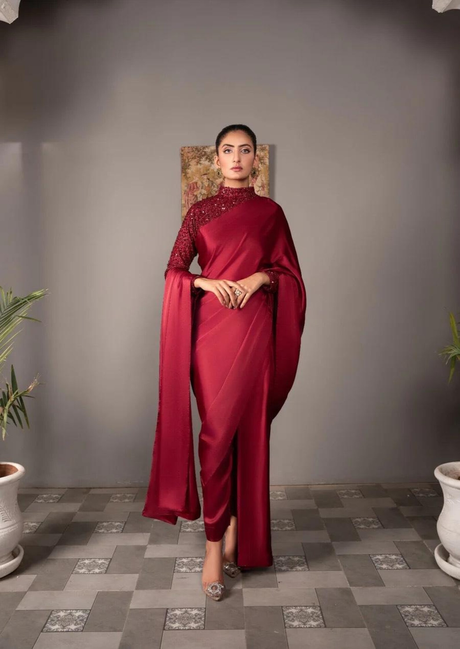 Moonlight Saree, Pakistani Indian Pure Silk Saree, Band Collar Neck ...