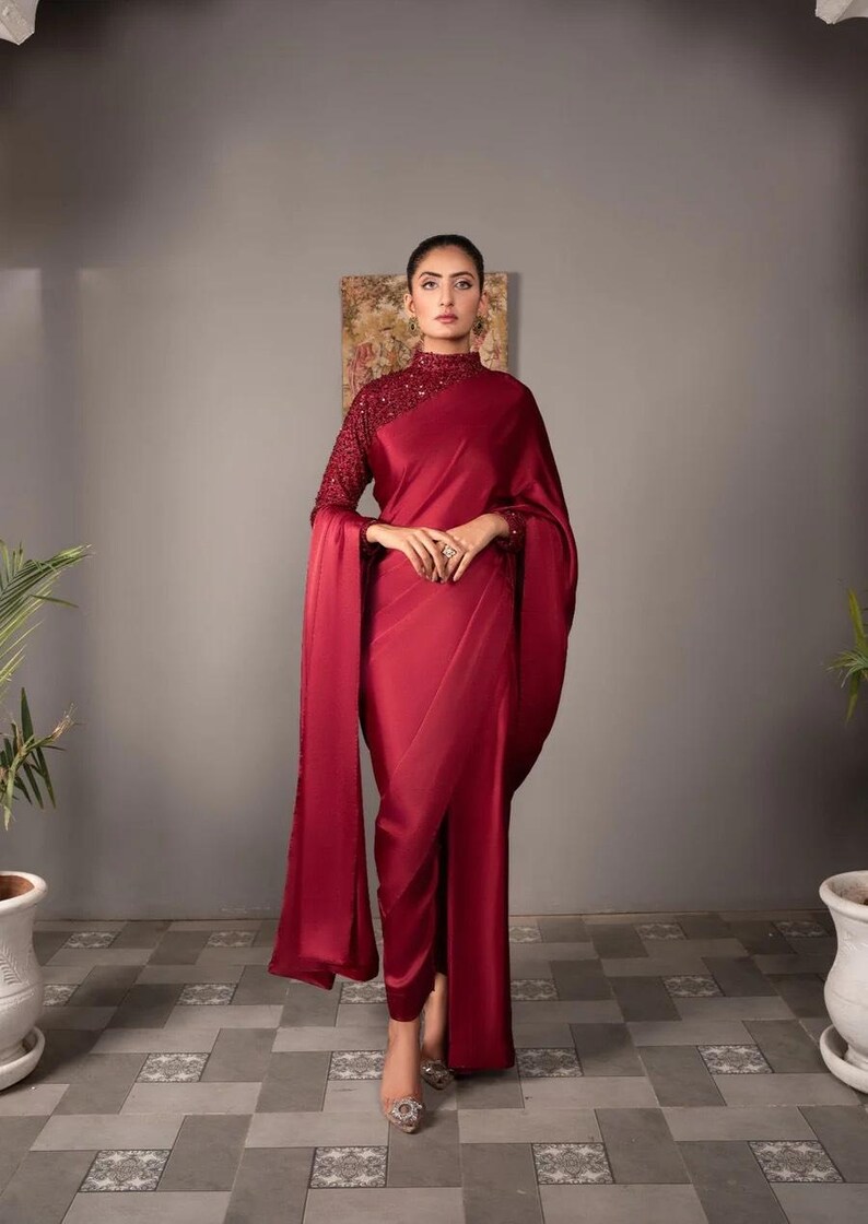 Moonlight Saree, Pakistani Indian Pure Silk Saree, Band Collar Neck ...