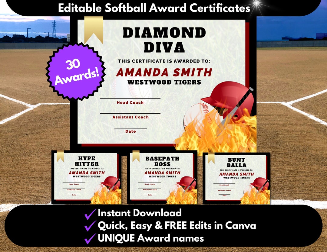 Editable Softball Award Certificate || End of Season Softball Awards ...