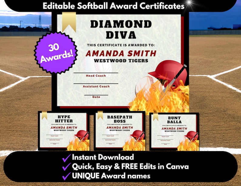 Editable Softball Award Certificate || End of Season Softball Awards ...