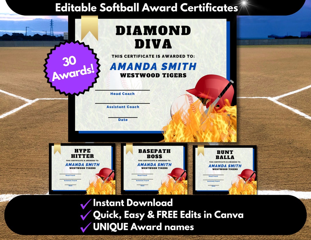 Editable Softball Award Certificate || End of Season Softball Awards ...