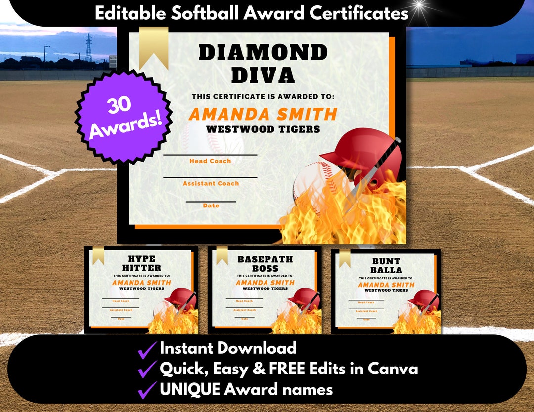 Editable Softball Award Certificate || End of Season Softball Awards ...