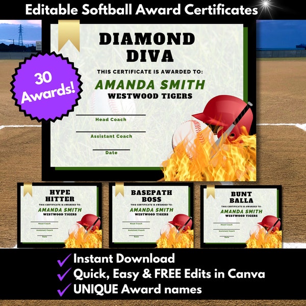 Softball Award Template - Etsy