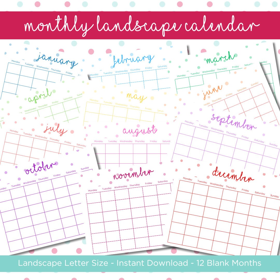 Printable Colourful Monthly Blank Calendar, Simple 2023 Landscape ...
